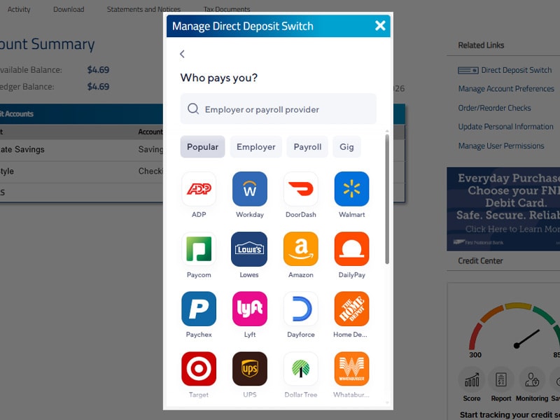 Direct Deposit Switch | First National Bank
